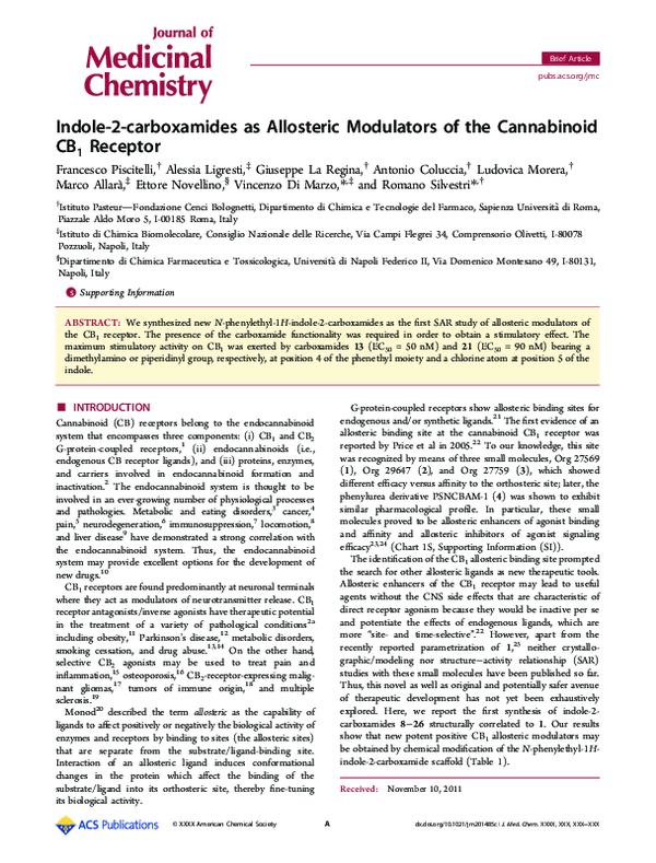 (PDF) Indole-2-carboxamides as Allosteric Modulators of the Cannabinoid CB1 Receptor