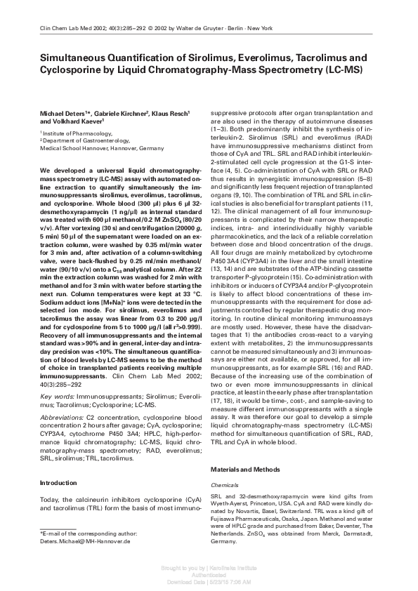 Pdf Simultaneous Quantification Of Sirolimus Everolimus Tacrolimus And Cyclosporine By