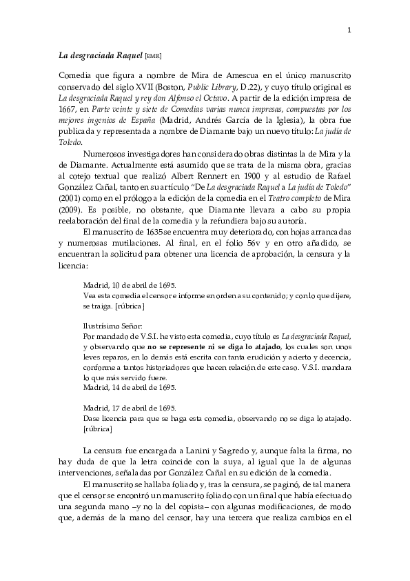 (PDF) Ficha CLEMIT de "La desgraciada Raquel", de Mira de Amescua