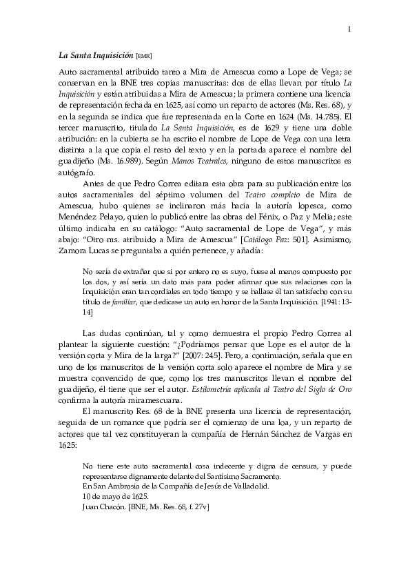 (PDF) Ficha CLEMIT de "La Santa Inquisición", de Mira de Amescua