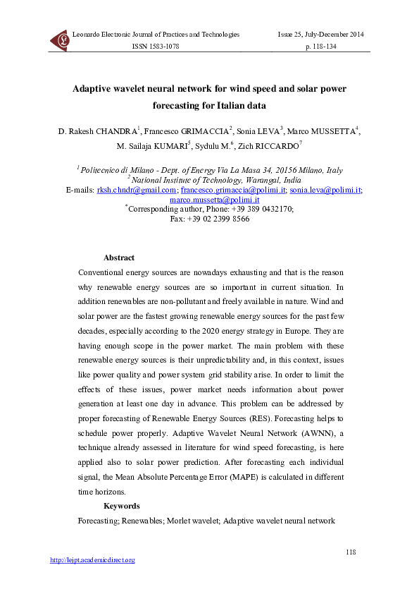 (PDF) Adaptive wavelet neural network for wind speed and solar power forecasting for Italian data