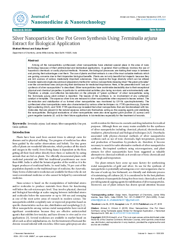 (PDF) Silver Nanoparticles: One Pot Green Synthesis Using Terminalia arjuna Extract for ...