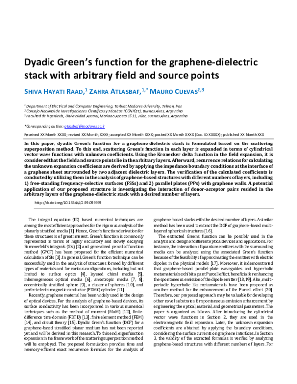 (PDF) Dyadic Green’s function for the graphene–dielectric stack with ...