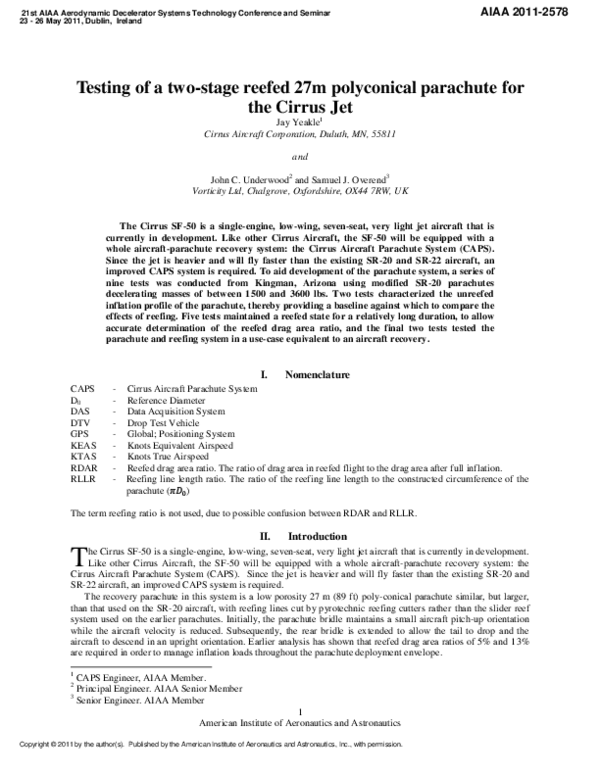 (PDF) Testing of a two-stage reefed 27m polyconical parachute for the ...