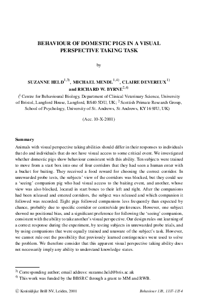 (PDF) Behaviour of Domestic Pigs in a Visual Perspective Taking Task