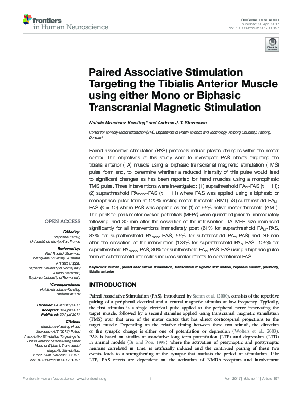 (PDF) Paired Associative Stimulation Targeting the Tibialis Anterior Muscle using either Mono or ...