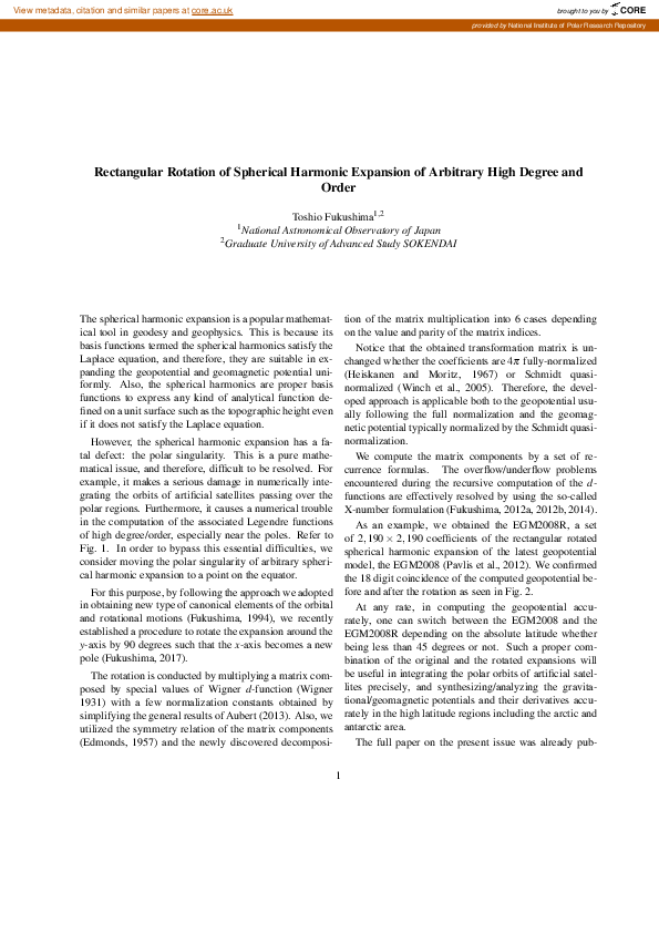 (PDF) Rectangular rotation of spherical harmonic expansion of arbitrary high degree and order
