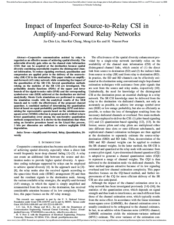 (PDF) Impact of Imperfect Source-to-Relay CSI in Amplify-and-Forward Relay Networks