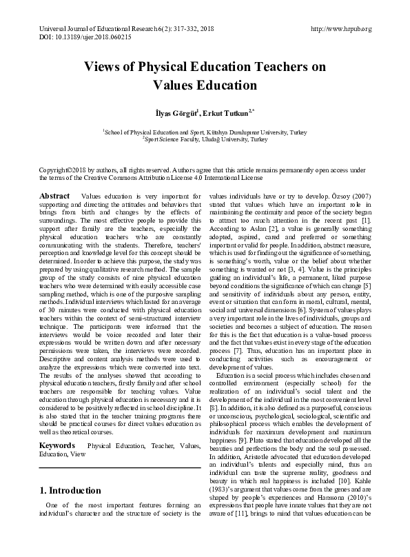 (PDF) Views of Physical Education Teachers on Values Education