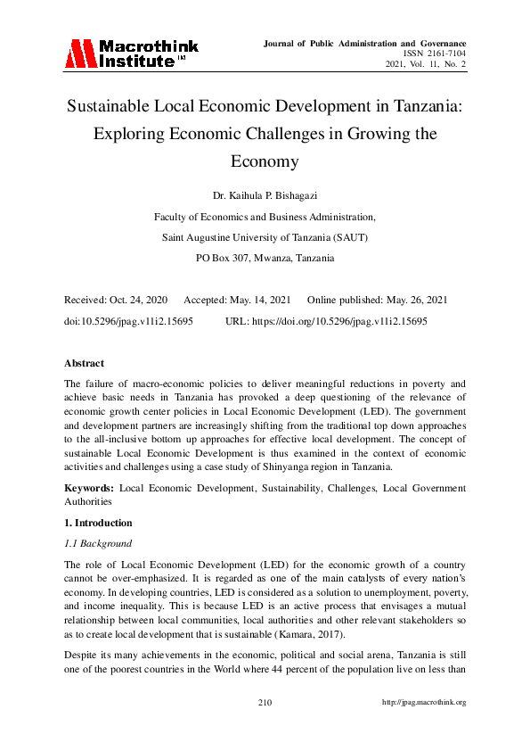 (PDF) Sustainable Local Economic Development in Tanzania: Exploring ...