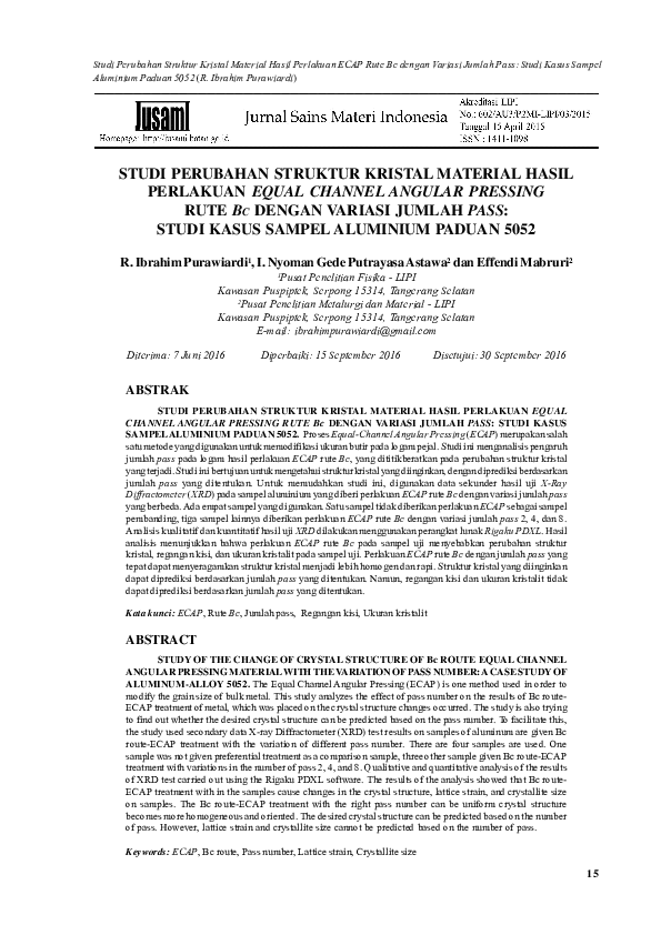 (PDF) STUDI PERUBAHAN STRUKTUR KRISTAL MATERIAL HASIL PERLAKUAN EQUAL CHANNEL ANGULAR PRESSING ...