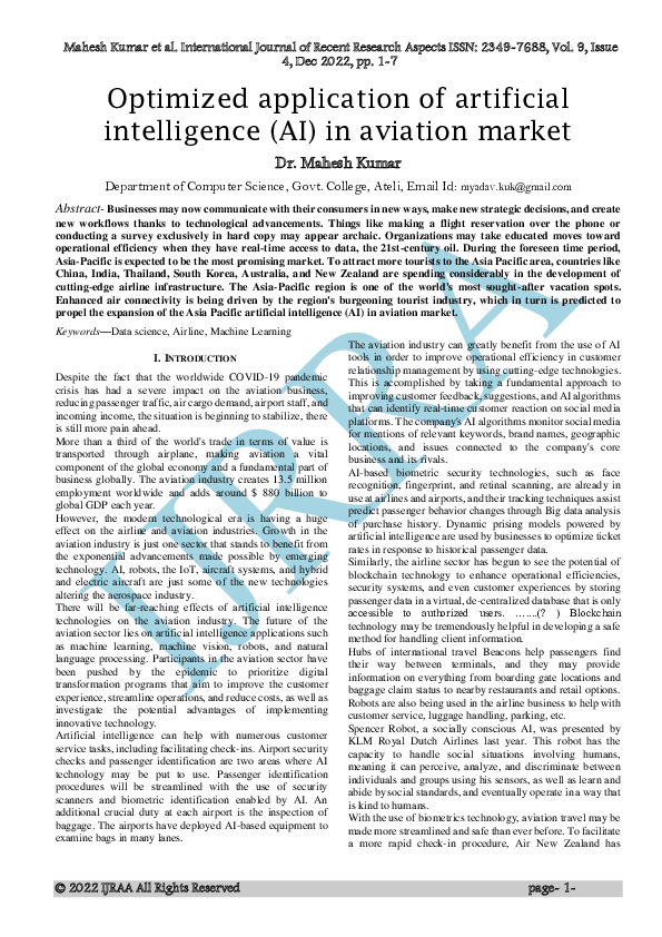 (PDF) Optimized application of artificial intelligence (AI) in aviation market