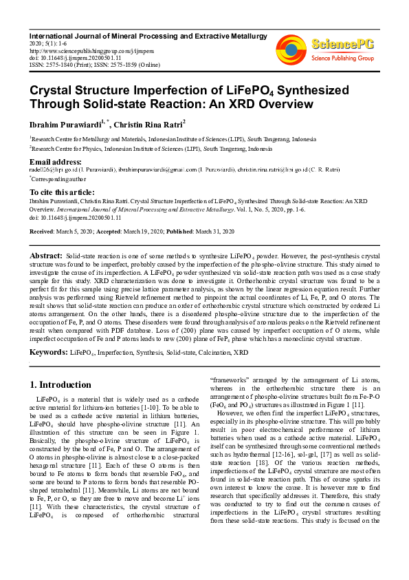 (PDF) Crystal Structure Imperfection of LiFePO4 Synthesized Through Solid-state Reaction: An XRD ...