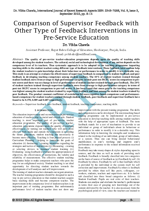 (PDF) Comparison of Supervisor Feedback with Other Type of Feedback Interventions in Pre-Service ...