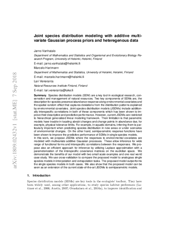 Pdf Joint Species Distribution Modeling With Additive Multivariate Gaussian Process Priors And