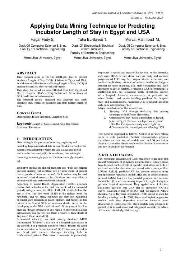 (PDF) Applying Data Mining Technique for Predicting Incubator Length of Stay in Egypt and USA