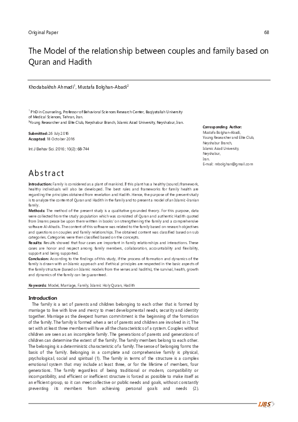(PDF) The Model of the relationship between couples and family based on ...