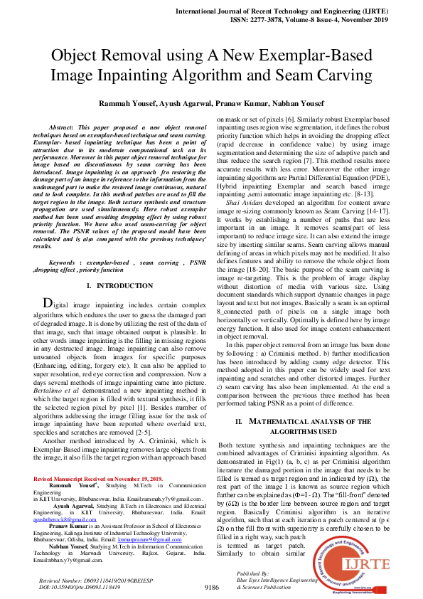 (PDF) Object Removal using A New Exemplar-Based Image Inpainting Algorithm and Seam Carving