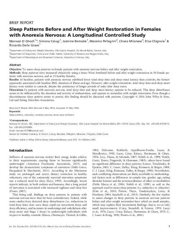 (PDF) Sleep Patterns Before and After Weight Restoration in Females ...