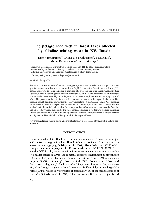 (PDF) The pelagic food web in forest lakes affected by alkaline mining ...