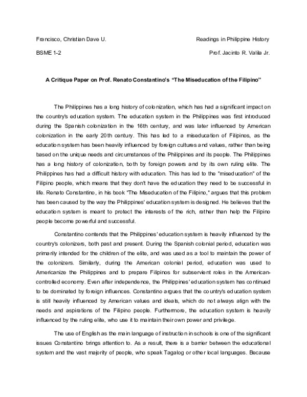 (DOC) A Critique Paper on Prof. Renato Constantino’s “The Miseducation of the Filipino ...