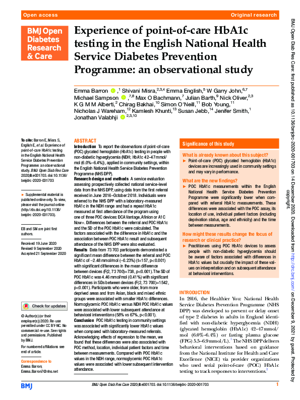 (PDF) Experience of point-of-care HbA1c testing in the English National ...