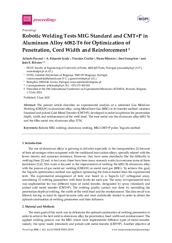 (PDF) Robotic Welding Tests MIG Standard and CMT+P in Aluminum Alloy ...