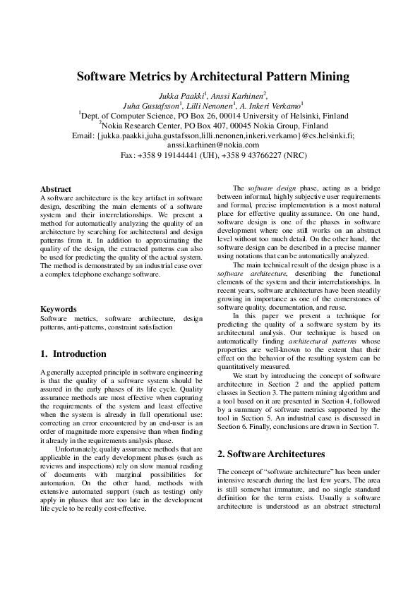 (PDF) Software Metrics by Architectural Pattern Mining | Anssi Karhinen - Academia.edu
