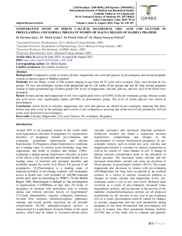 (PDF) Comparative Study of Serum Calcium, Magnesium, Uric Acid and Glucose in Preeclampsia and ...