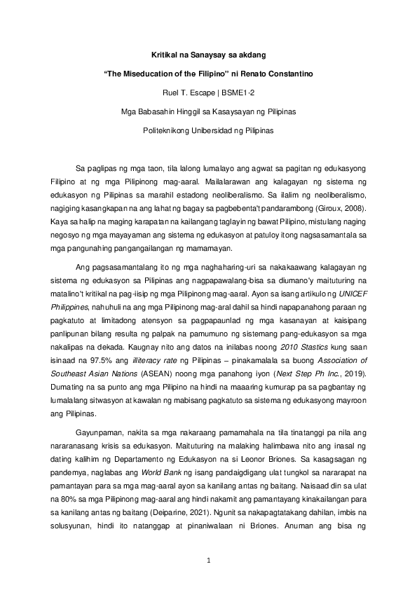 (PDF) Kritikal na Sanaysay sa akdang “The Miseducation of the Filipino” ni Renato Constantino
