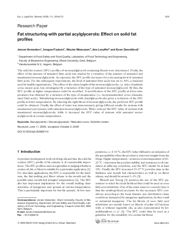 (PDF) Fat structuring with partial acylglycerols: Effect on solid fat ...