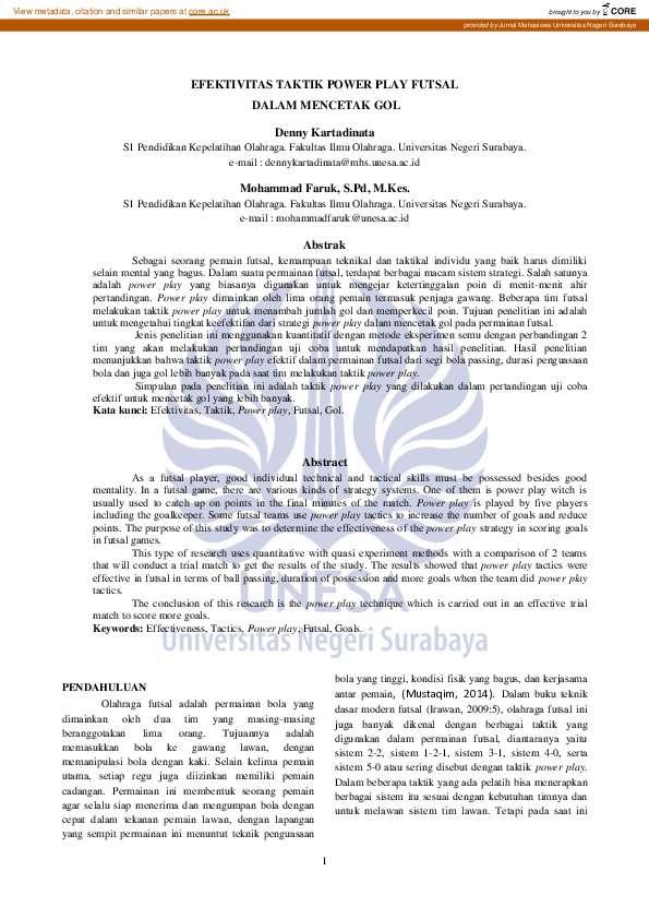 (PDF) Efektivitas Taktik Power Play Futsal Dalam Mencetak Gol