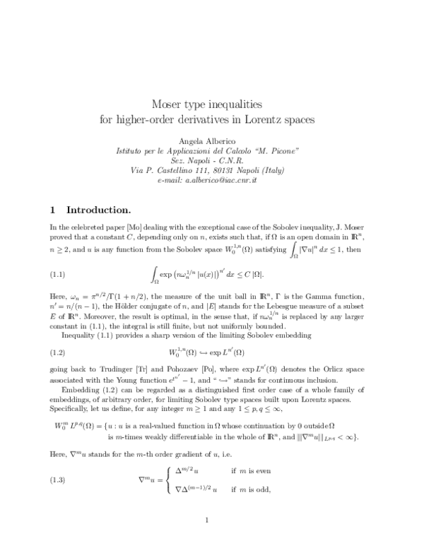 (PDF) Moser Type Inequalities for Higher-Order Derivatives in Lorentz Spaces