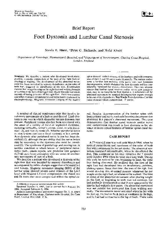 Pdf Foot Dystonia And Lumbar Canal Stenosis Stavia Blunt