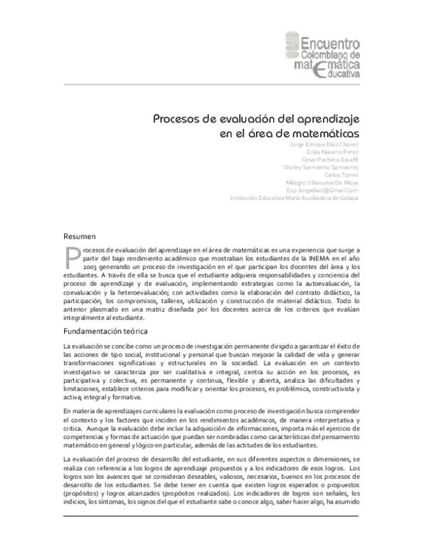 (PDF) Procesos de evaluación del aprendizaje en el área dematemáticas