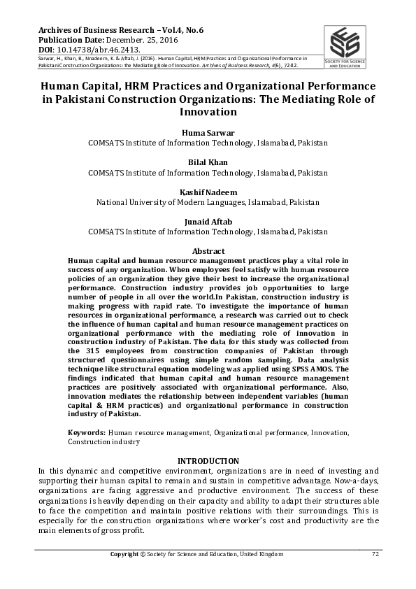 (PDF) Human Capital, HRM Practices and Organizational Performance in Pakistani Construction ...