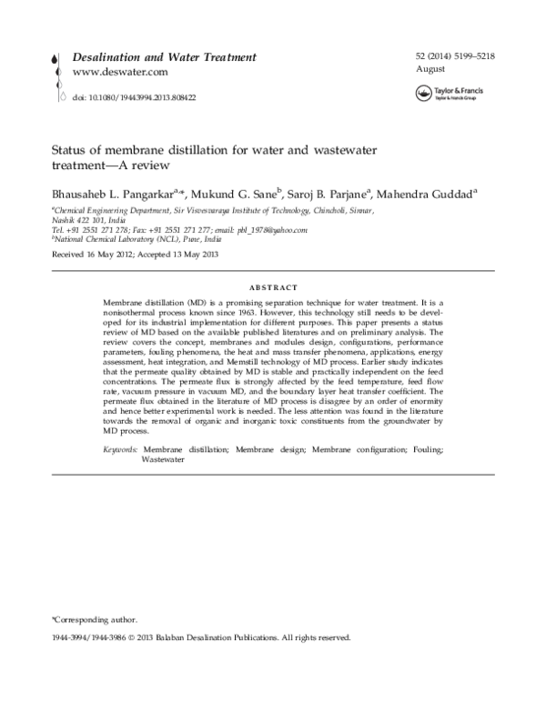 (PDF) Status of membrane distillation for water and wastewater ...