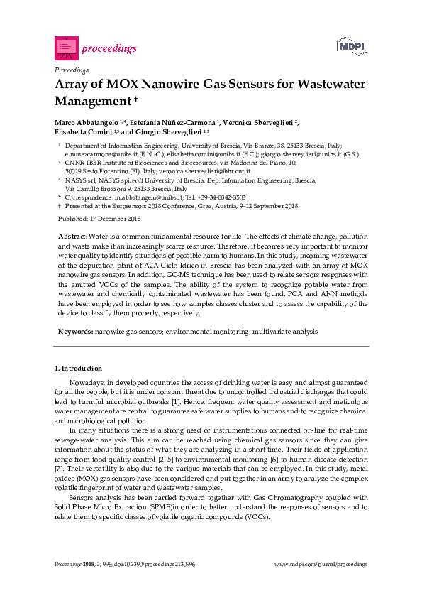 (PDF) Array of MOX Nanowire Gas Sensors for Wastewater Management