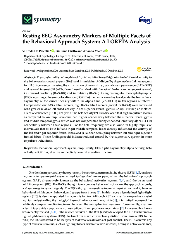 (PDF) Resting EEG Asymmetry Markers of Multiple Facets of the Behavioral Approach System: A ...