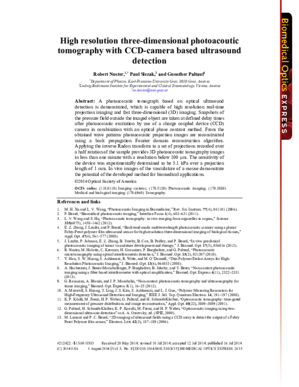 (PDF) High resolution three-dimensional photoacoustic tomography with CCD-camera based ...