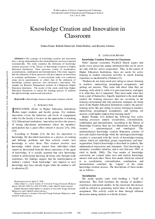 (PDF) Knowledge Creation And Innovation In Classroom