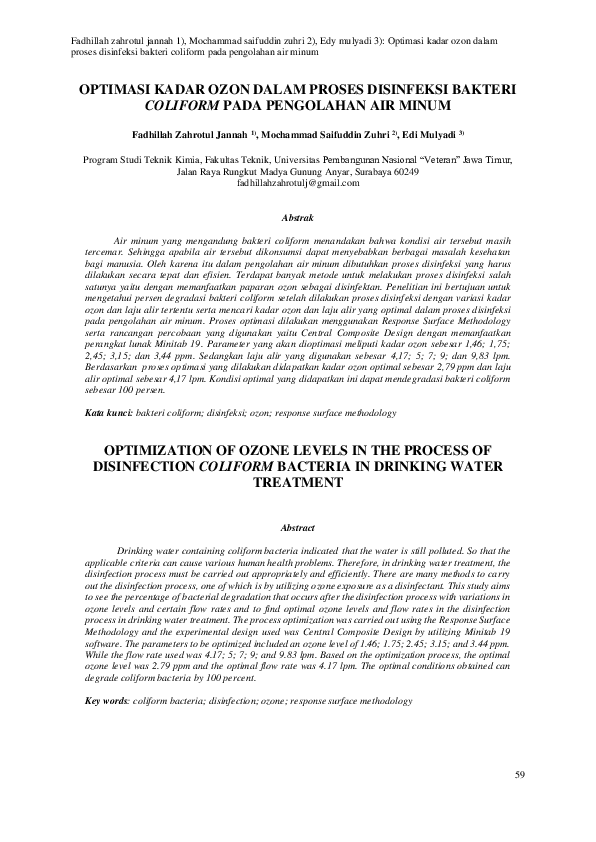 (PDF) Optimasi Kadar Ozon Dalam Proses Disinfeksi Bakteri Coliform Pada ...