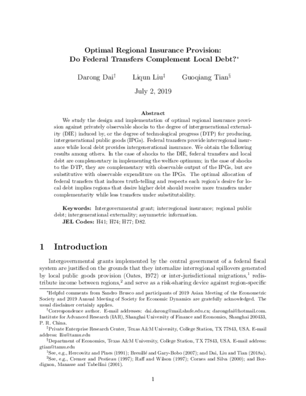 (PDF) Optimal Regional Insurance Provision: Do Federal Transfers ...