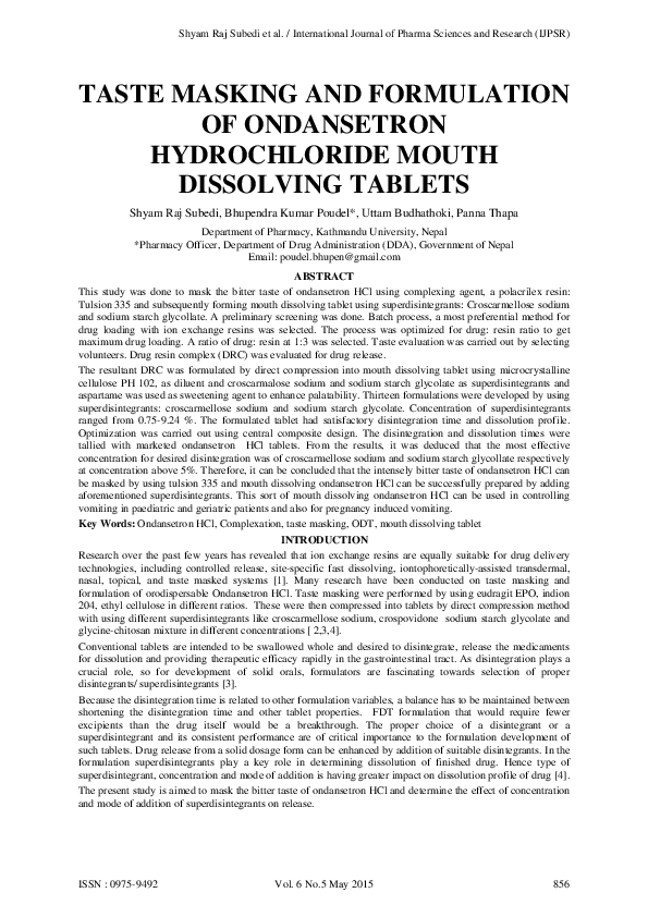 Pdf Taste Masking And Formulation Of Ondansetron Hydrochloride Mouth Dissolving Tablets