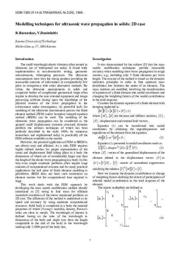 Pdf Modelling Techniques For Ultrasonic Wave Propagation In Solids 2d Case Rimantas