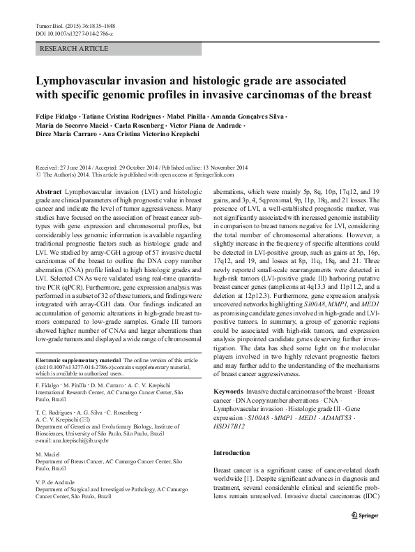 (PDF) Lymphovascular invasion and histologic grade are associated with specific genomic profiles ...