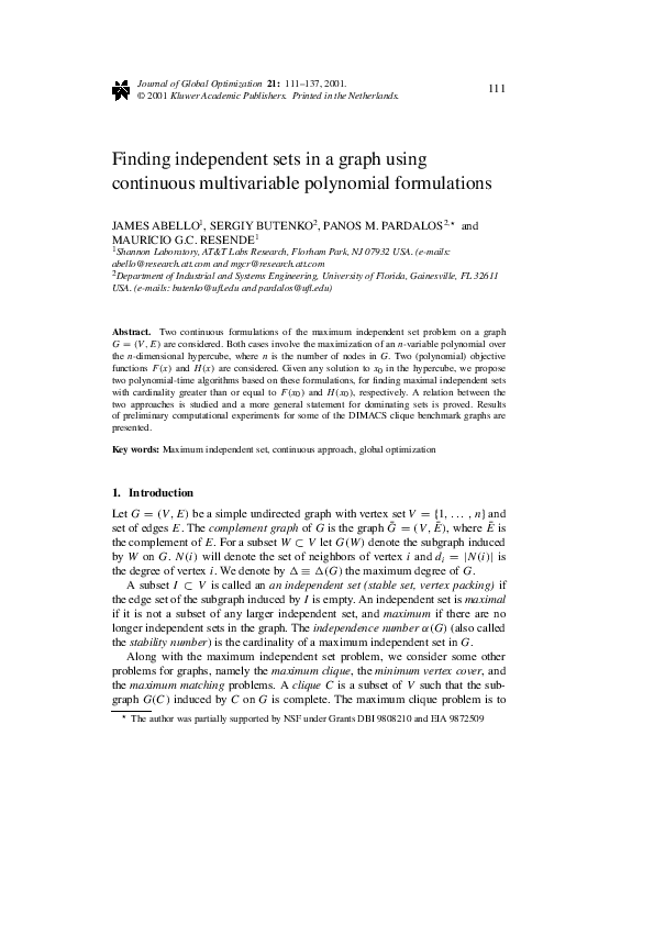 (PDF) Finding independent sets in a graph using continuous ... (PDF) Finding independent sets in a graph using continuous ...