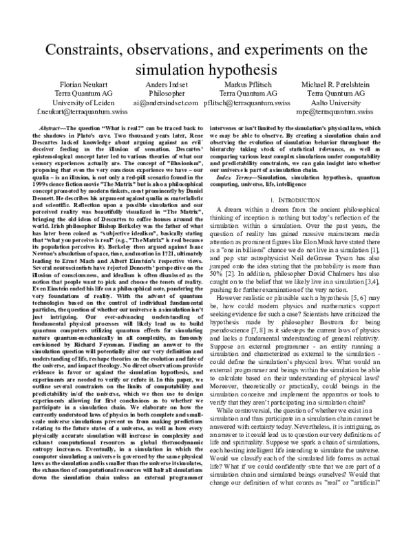 Pdf Constraints Observations And Experiments On The Simulation Hypothesis
