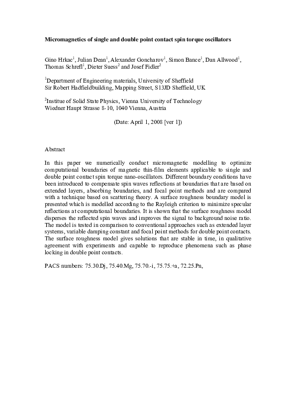 (PDF) Micromagnetics of single and double point contact spin torque oscillators