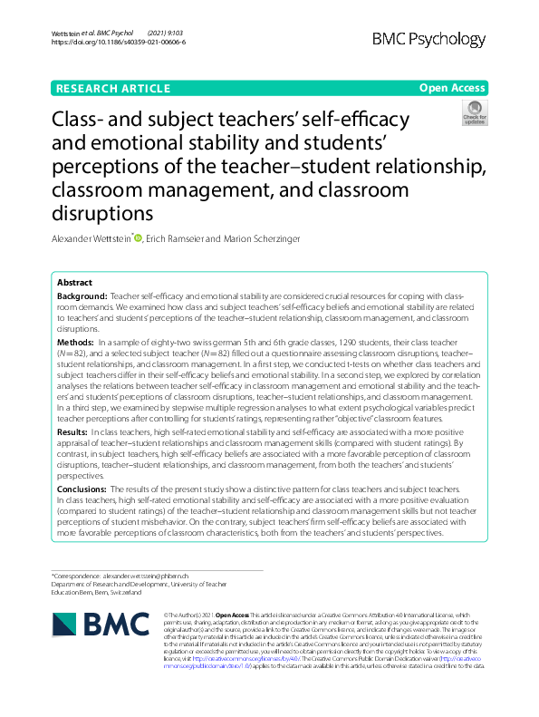 (PDF) Class- and subject teachers’ self-efficacy and emotional ...